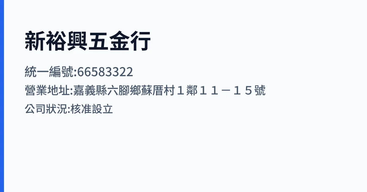 新裕興五金行 - 統編 66583322(嘉義縣) 公司登記資料與營業項目詳細圖表