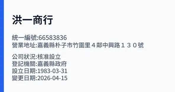 洪一商行的照片-統編 66583836(嘉義縣) 公司登記資料與營業項目詳細圖表