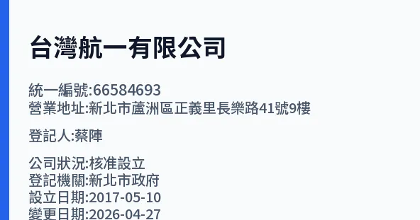 台灣航一有限公司的照片-統編 66584693(新北市) 公司登記資料與營業項目詳細圖表
