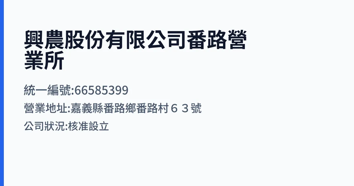 興農股份有限公司番路營業所 - 統編 66585399(嘉義縣) 公司登記資料與營業項目詳細圖表