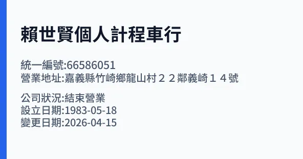賴世賢個人計程車行的照片-統編 66586051(嘉義縣) 公司登記資料與營業項目詳細圖表