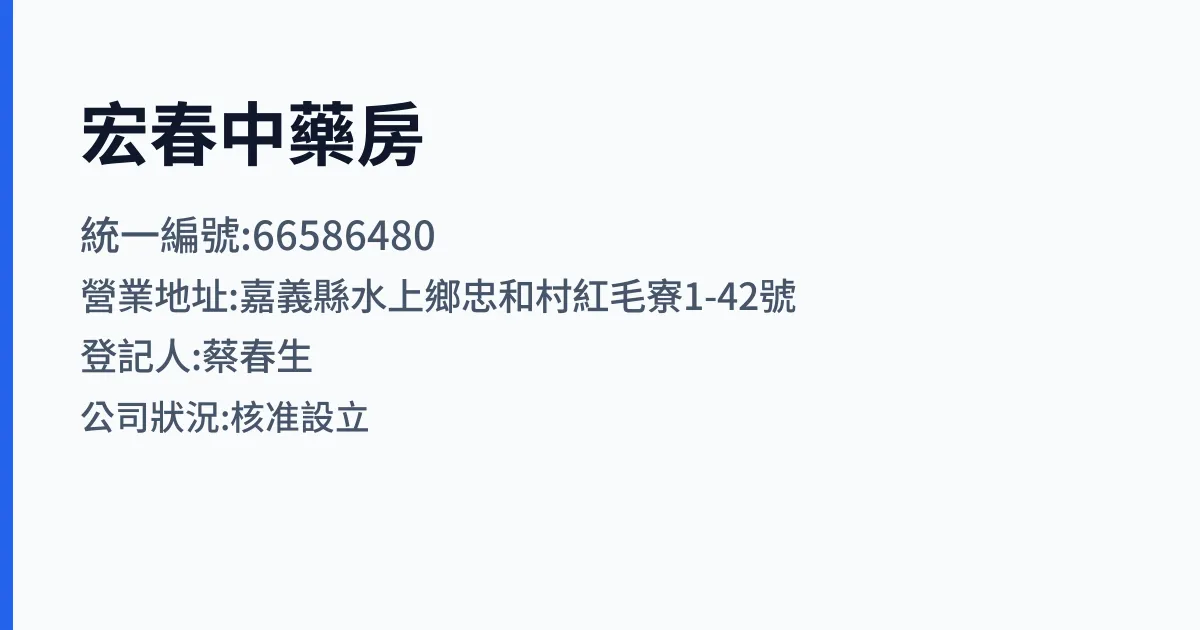 宏春中藥房 - 統編 66586480(嘉義縣) 公司登記資料與營業項目詳細圖表