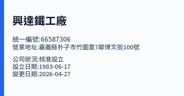 興達鐵工廠的照片-統編 66587306(嘉義縣) 公司登記資料與營業項目詳細圖表