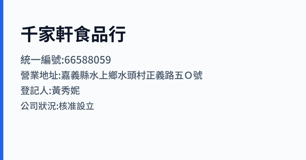 千家軒食品行 - 統編 66588059(嘉義縣) 公司登記資料與營業項目詳細圖表