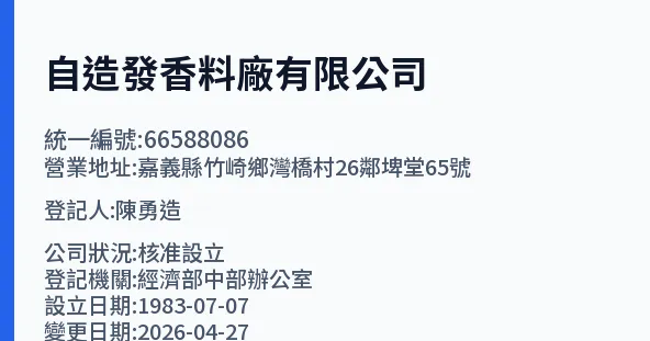 自造發香料廠有限公司的照片-統編 66588086(嘉義縣) 公司登記資料與營業項目詳細圖表