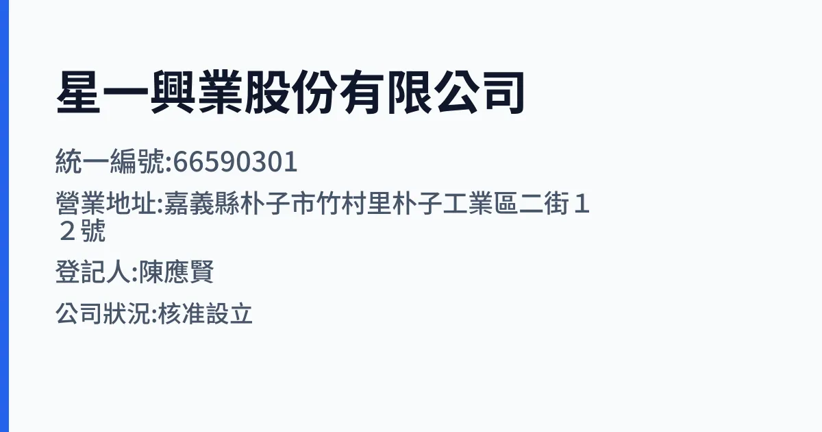 星一興業股份有限公司 - 統編 66590301(嘉義縣) 公司登記資料與營業項目詳細圖表