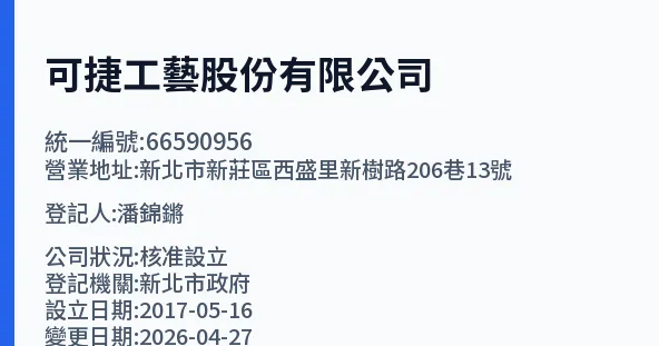 可捷工藝股份有限公司的照片-統編 66590956(新北市) 公司登記資料與營業項目詳細圖表
