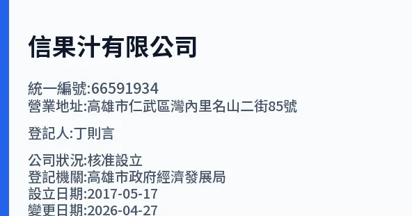 信果汁有限公司的照片-統編 66591934(高雄市) 公司登記資料與營業項目詳細圖表