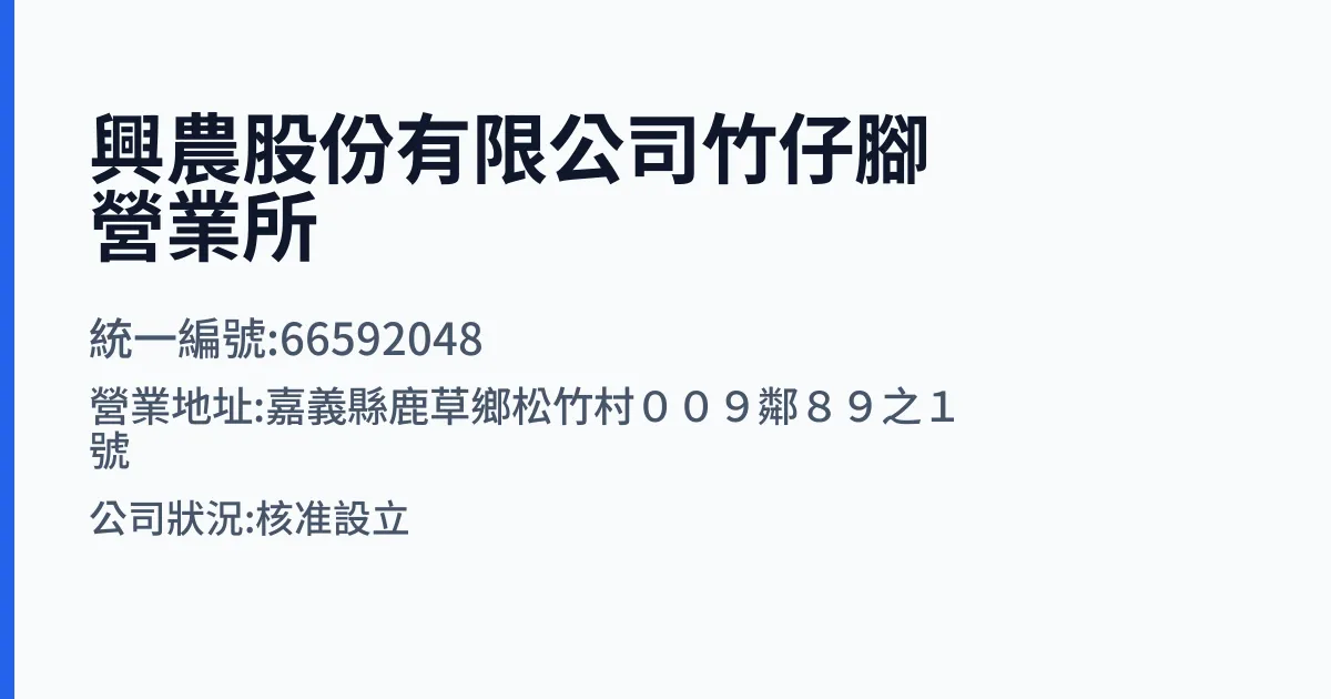 興農股份有限公司竹仔腳營業所 - 統編 66592048(嘉義縣) 公司登記資料與營業項目詳細圖表