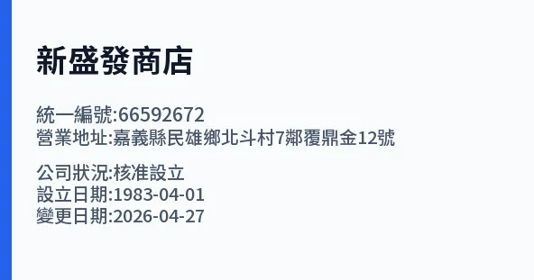 新盛發商店的照片-統編 66592672(嘉義縣) 公司登記資料與營業項目詳細圖表