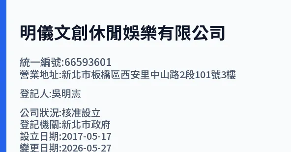明儀文創休閒娛樂有限公司的照片-統編 66593601(新北市) 公司登記資料與營業項目詳細圖表