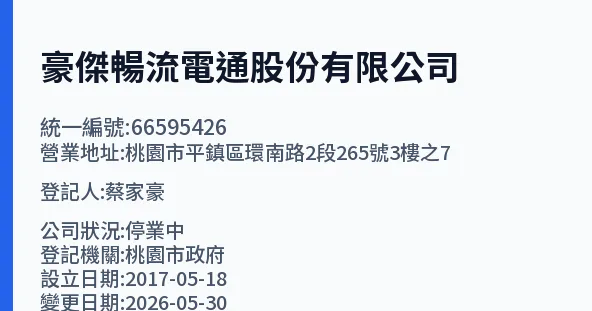 豪傑暢流電通股份有限公司的照片-統編 66595426(桃園市) 公司登記資料與營業項目詳細圖表