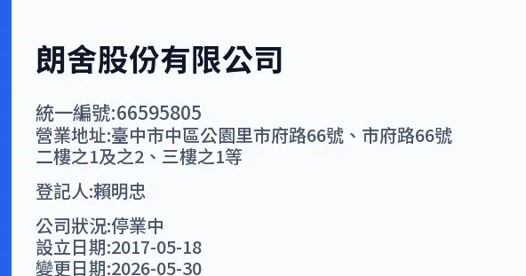 朗舍股份有限公司的照片-統編 66595805(臺中市) 公司登記資料與營業項目詳細圖表