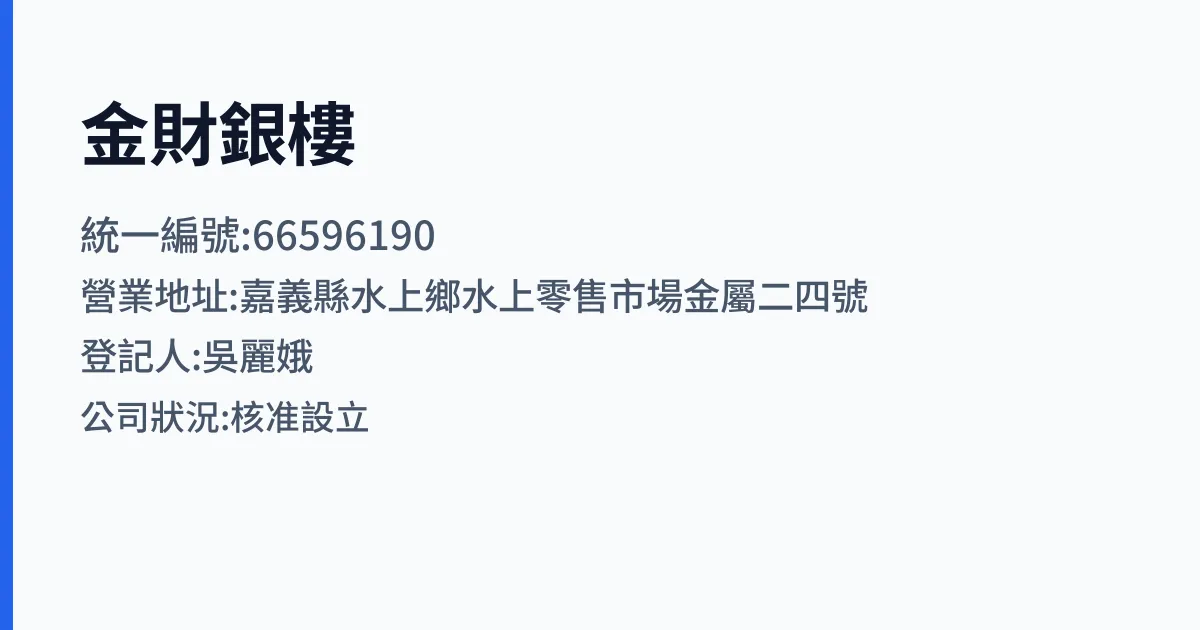 金財銀樓 - 統編 66596190(嘉義縣) 公司登記資料與營業項目詳細圖表