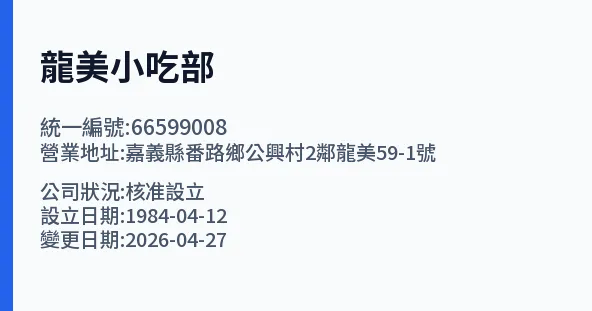 龍美小吃部的照片-統編 66599008(嘉義縣) 公司登記資料與營業項目詳細圖表