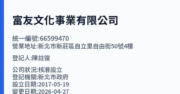富友文化事業有限公司的照片-統編 66599470(新北市) 公司登記資料與營業項目詳細圖表