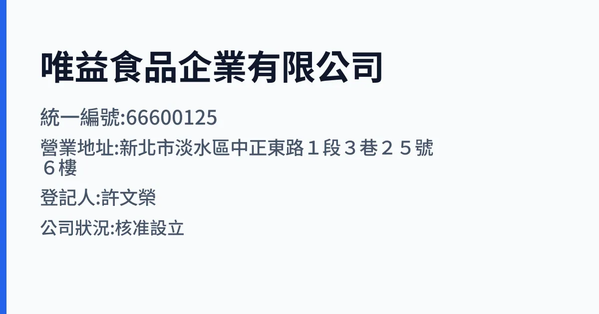 唯益食品企業有限公司 - 統編 66600125(新北市) 公司登記資料與營業項目詳細圖表