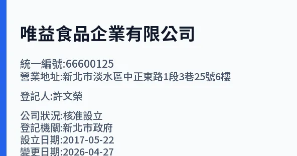 唯益食品企業有限公司的照片-統編 66600125(新北市) 公司登記資料與營業項目詳細圖表