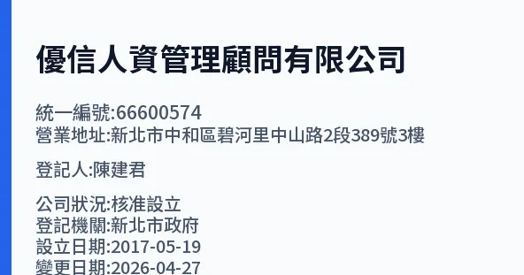 優信人資管理顧問有限公司的照片-統編 66600574(新北市) 公司登記資料與營業項目詳細圖表