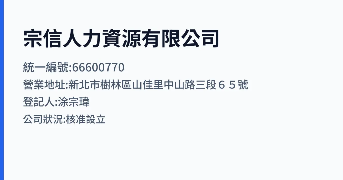 宗信人力資源有限公司 - 統編 66600770(新北市) 公司登記資料與營業項目詳細圖表