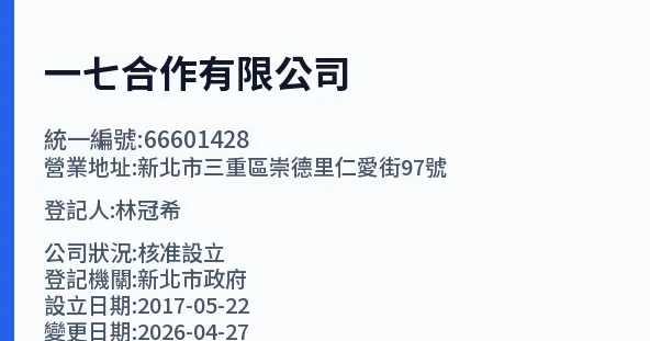 一七合作有限公司的照片-統編 66601428(新北市) 公司登記資料與營業項目詳細圖表