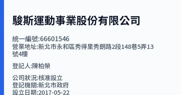 駿斯運動事業股份有限公司的照片-統編 66601546(新北市) 公司登記資料與營業項目詳細圖表