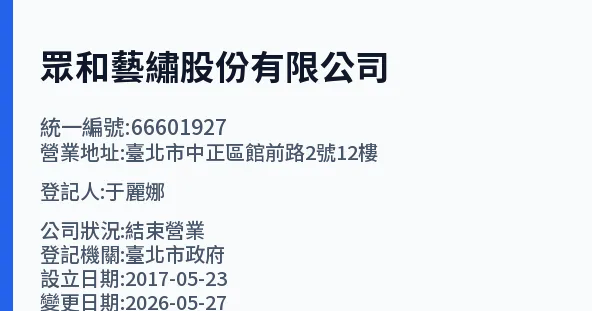 眾和藝繡股份有限公司的照片-統編 66601927(臺北市) 公司登記資料與營業項目詳細圖表