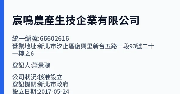 宸鳴農產生技企業有限公司的照片-統編 66602616(新北市) 公司登記資料與營業項目詳細圖表