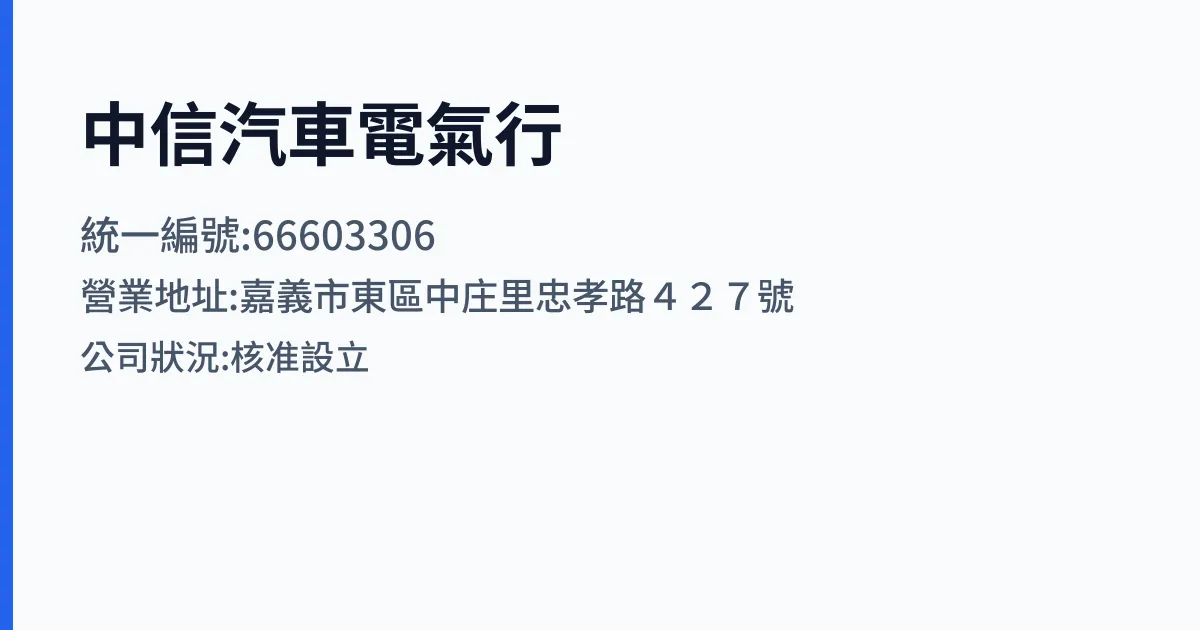 中信汽車電氣行 - 統編 66603306(嘉義市) 公司登記資料與營業項目詳細圖表
