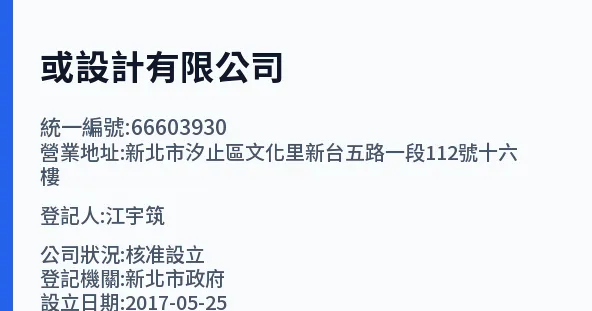或設計有限公司的照片-統編 66603930(新北市) 公司登記資料與營業項目詳細圖表