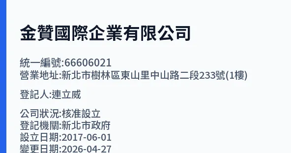 金贊國際企業有限公司的照片-統編 66606021(新北市) 公司登記資料與營業項目詳細圖表
