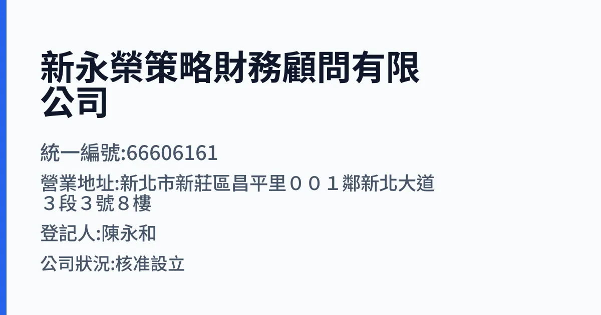 新永榮策略財務顧問有限公司 - 統編 66606161(新北市) 公司登記資料與營業項目詳細圖表