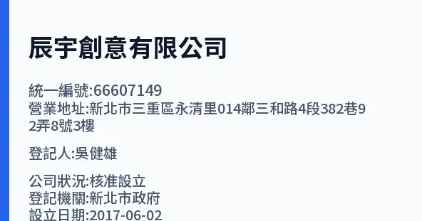 辰宇創意有限公司的照片-統編 66607149(新北市) 公司登記資料與營業項目詳細圖表