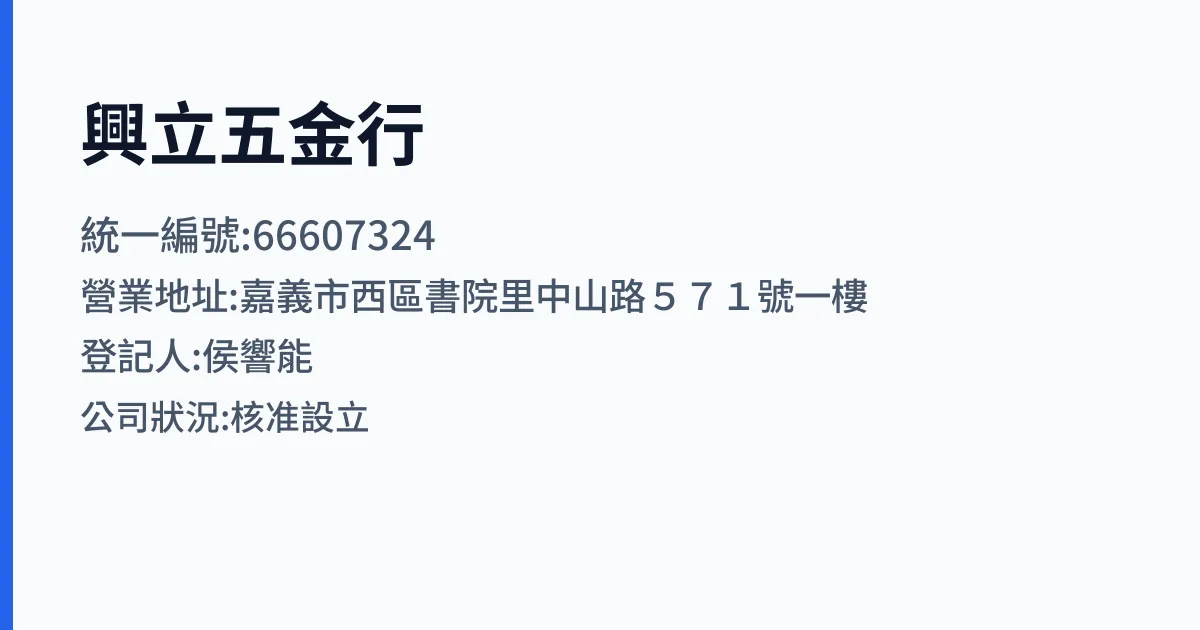 興立五金行 - 統編 66607324(嘉義市) 公司登記資料與營業項目詳細圖表