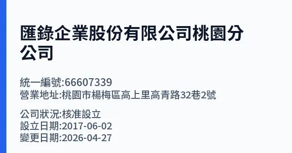 匯錄企業股份有限公司桃園分公司的照片-統編 66607339(桃園市) 公司登記資料與營業項目詳細圖表