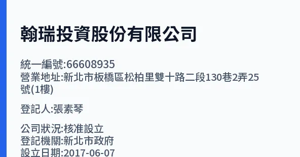 翰瑞投資股份有限公司的照片-統編 66608935(新北市) 公司登記資料與營業項目詳細圖表