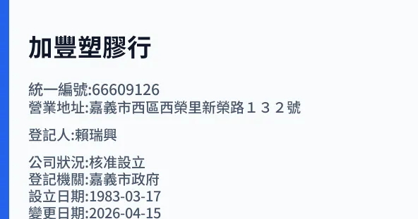 加豐塑膠行的照片-統編 66609126(嘉義市) 公司登記資料與營業項目詳細圖表