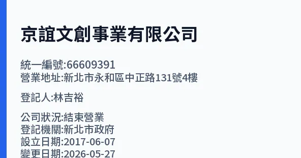 京誼文創事業有限公司的照片-統編 66609391(新北市) 公司登記資料與營業項目詳細圖表