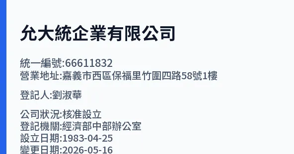 允大統企業有限公司的照片-統編 66611832(嘉義市) 公司登記資料與營業項目詳細圖表