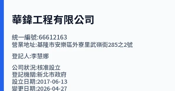 華鍏工程有限公司的照片-統編 66612163(基隆市) 公司登記資料與營業項目詳細圖表