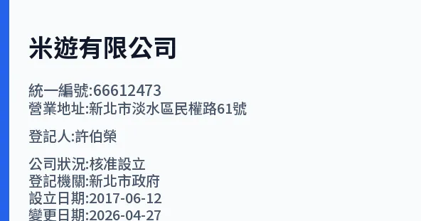 米遊有限公司的照片-統編 66612473(新北市) 公司登記資料與營業項目詳細圖表