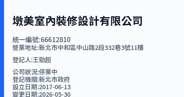 墩美室內裝修設計有限公司的照片-統編 66612810(新北市) 公司登記資料與營業項目詳細圖表