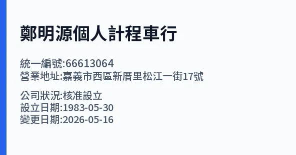 鄭明源個人計程車行的照片-統編 66613064(嘉義市) 公司登記資料與營業項目詳細圖表