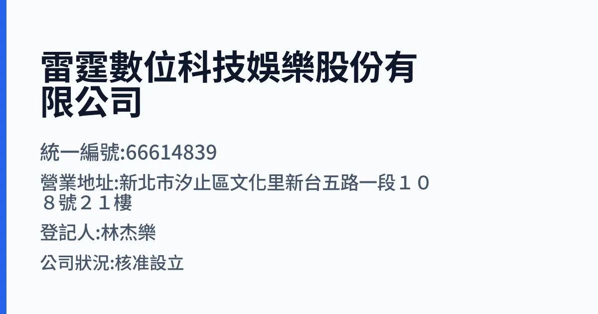 雷霆數位科技娛樂股份有限公司 - 統編 66614839(新北市) 公司登記資料與營業項目詳細圖表