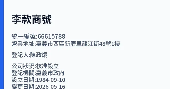 李款商號的照片-統編 66615788(嘉義市) 公司登記資料與營業項目詳細圖表