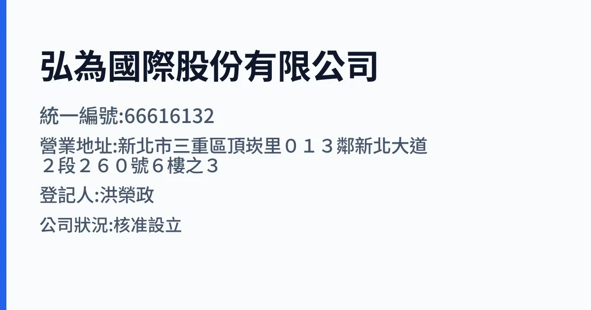 弘為國際股份有限公司 - 統編 66616132(新北市) 公司登記資料與營業項目詳細圖表