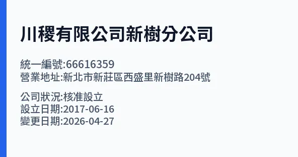 川稷有限公司新樹分公司的照片-統編 66616359(新北市) 公司登記資料與營業項目詳細圖表