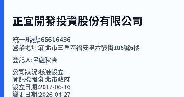 正宜開發投資股份有限公司的照片-統編 66616436(新北市) 公司登記資料與營業項目詳細圖表