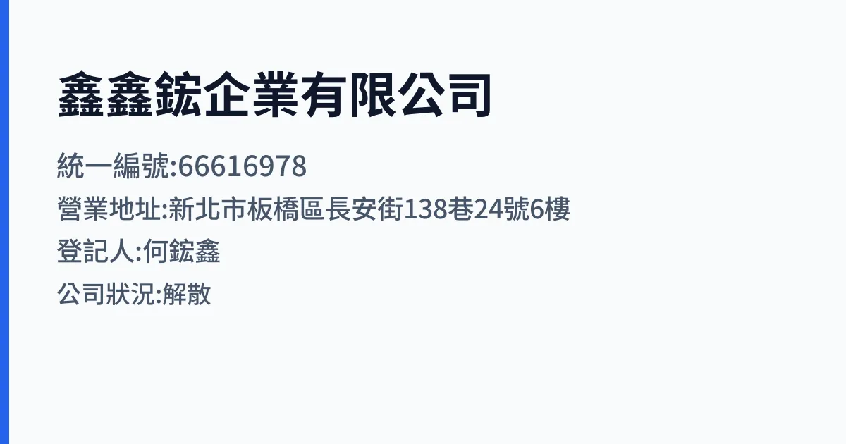 鑫鑫鋐企業有限公司 - 統編 66616978(新北市) 公司登記資料與營業項目詳細圖表