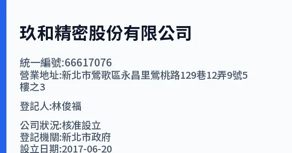 玖和精密股份有限公司的照片-統編 66617076(新北市) 公司登記資料與營業項目詳細圖表